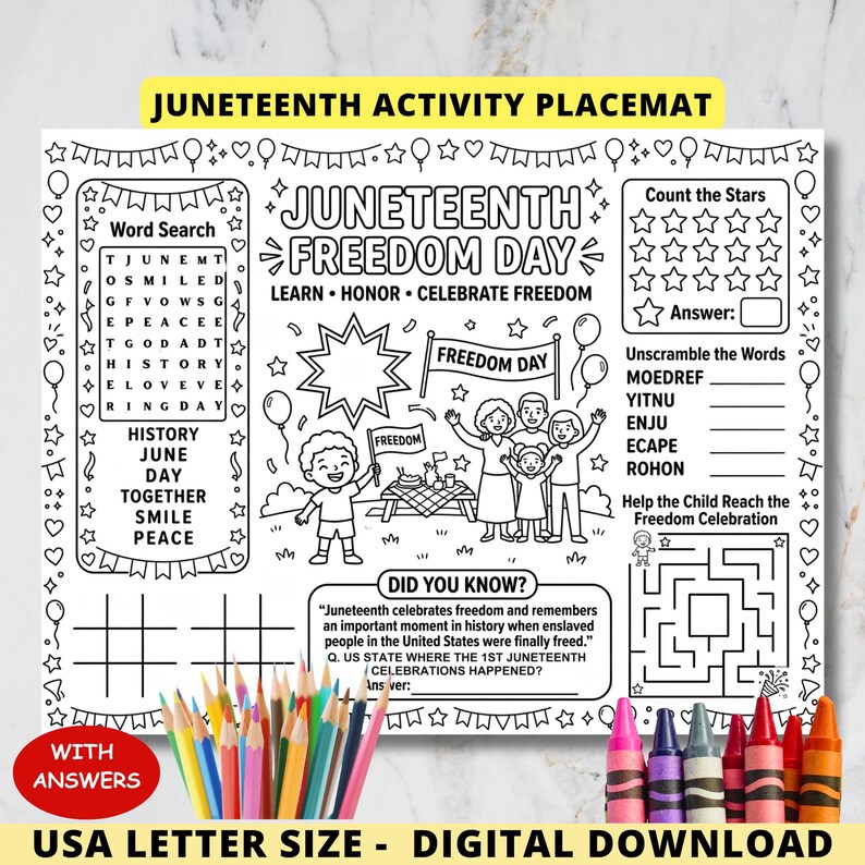Juneteenth Party Activity Placemat Craft,kids Freedom Day Lesson ...