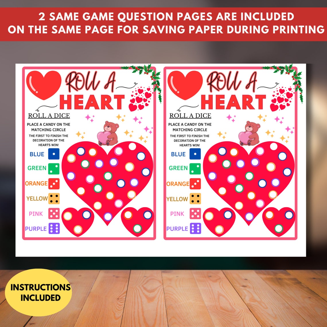 Roll A Heart Christmas Candy Game|roll A Heart Dice Printable Game(kids ...