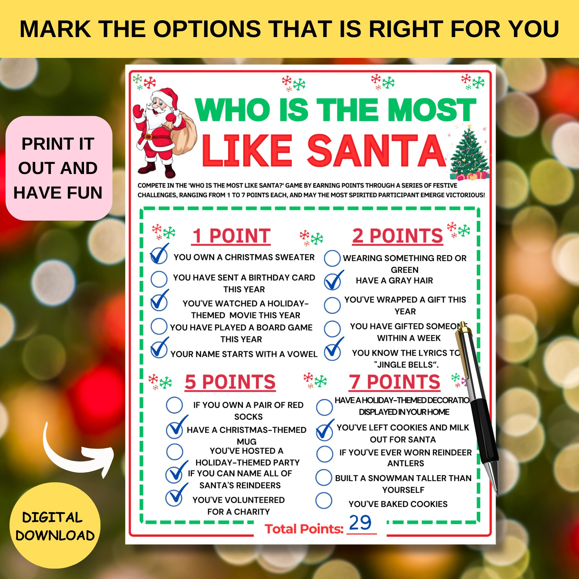 Who is Most Like Santa?|christmas Dinner Party Printable Game|holiday ...