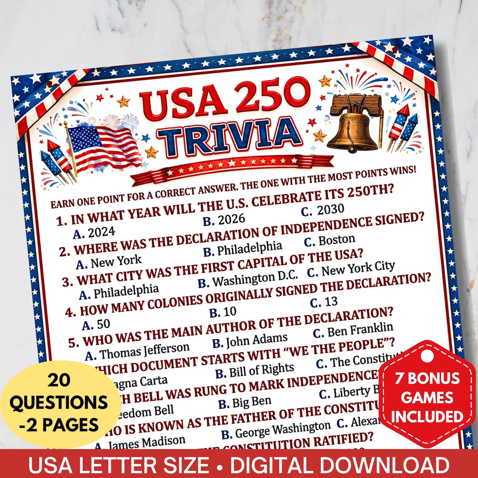 USA 250th Anniversary Trivia Game Printable,america’s 250th Birthday ...