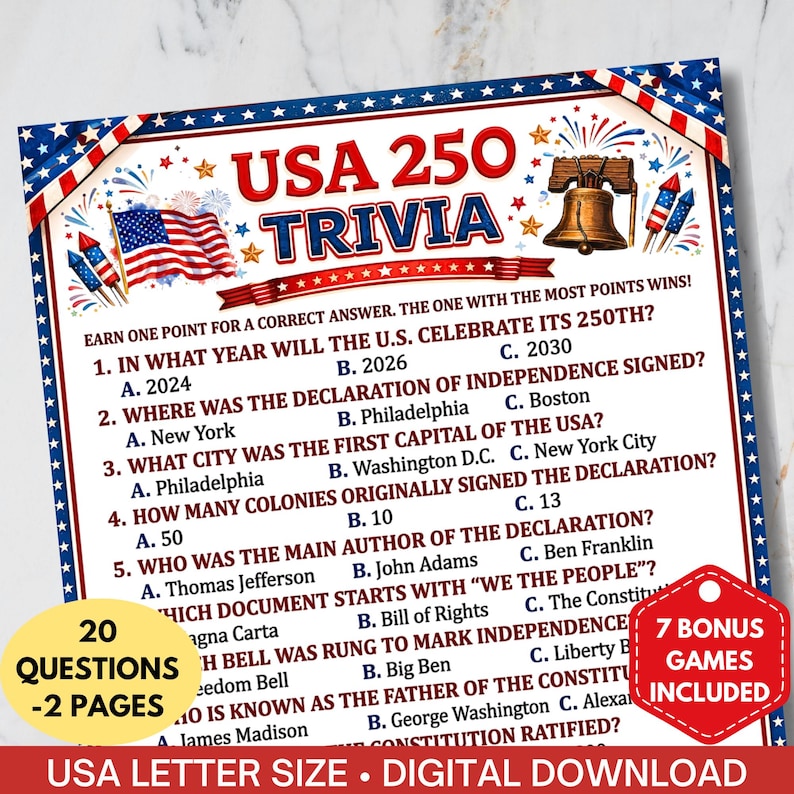 USA 250th Anniversary Trivia Game Printable,america’s 250th Birthday ...