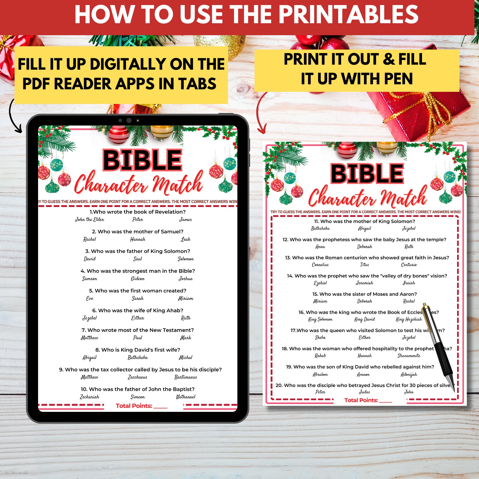 Bible Character Match Trivia Game|christmas Party Printable Game|church ...