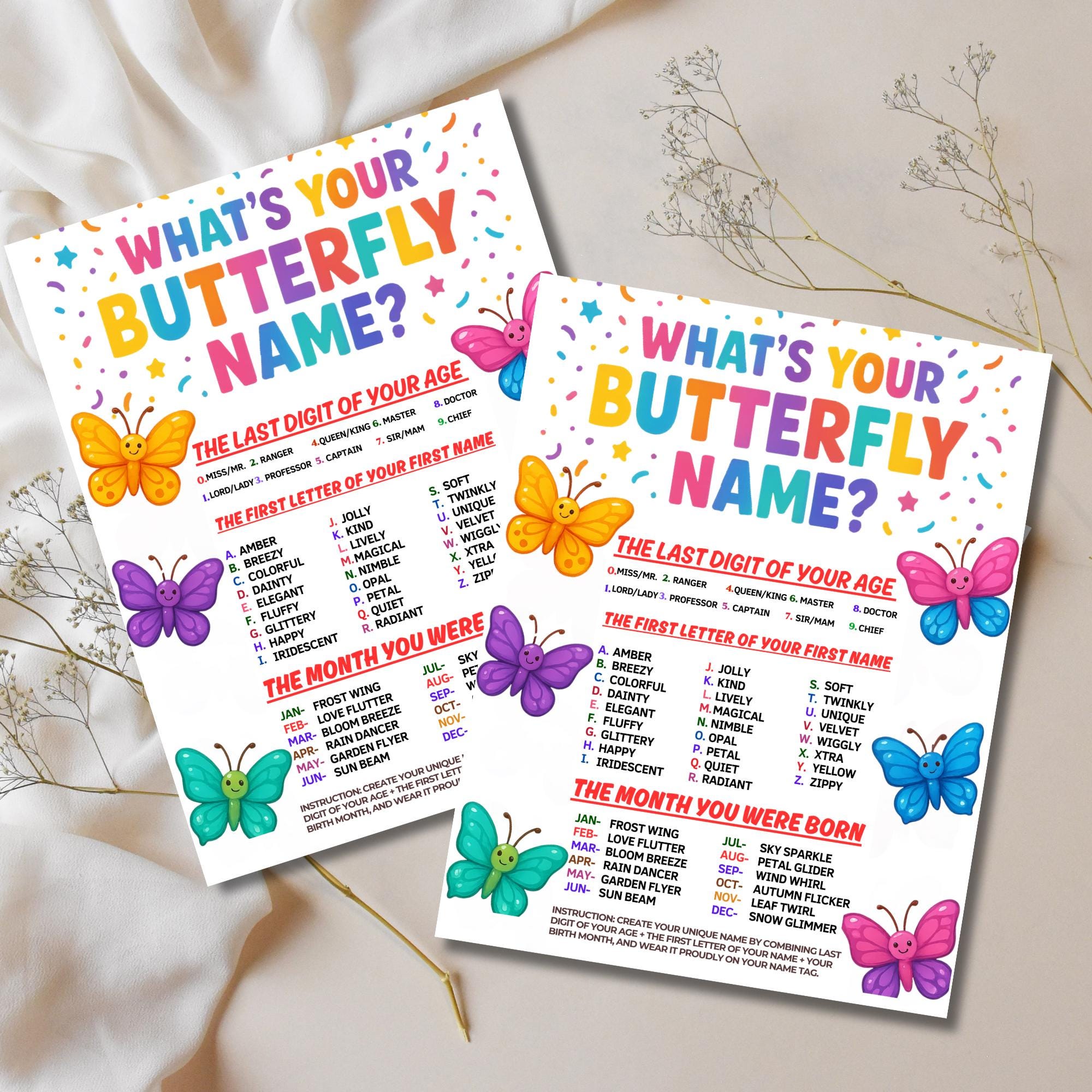 What's Your Butterfly Name Game With Nametags & Sign,birthday Party ...