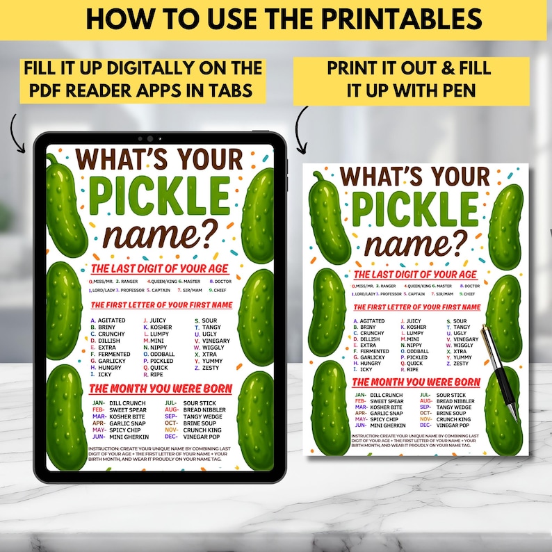 What's Your Pickle Name Game With Nametags & Sign,pickle Birthday Party ...