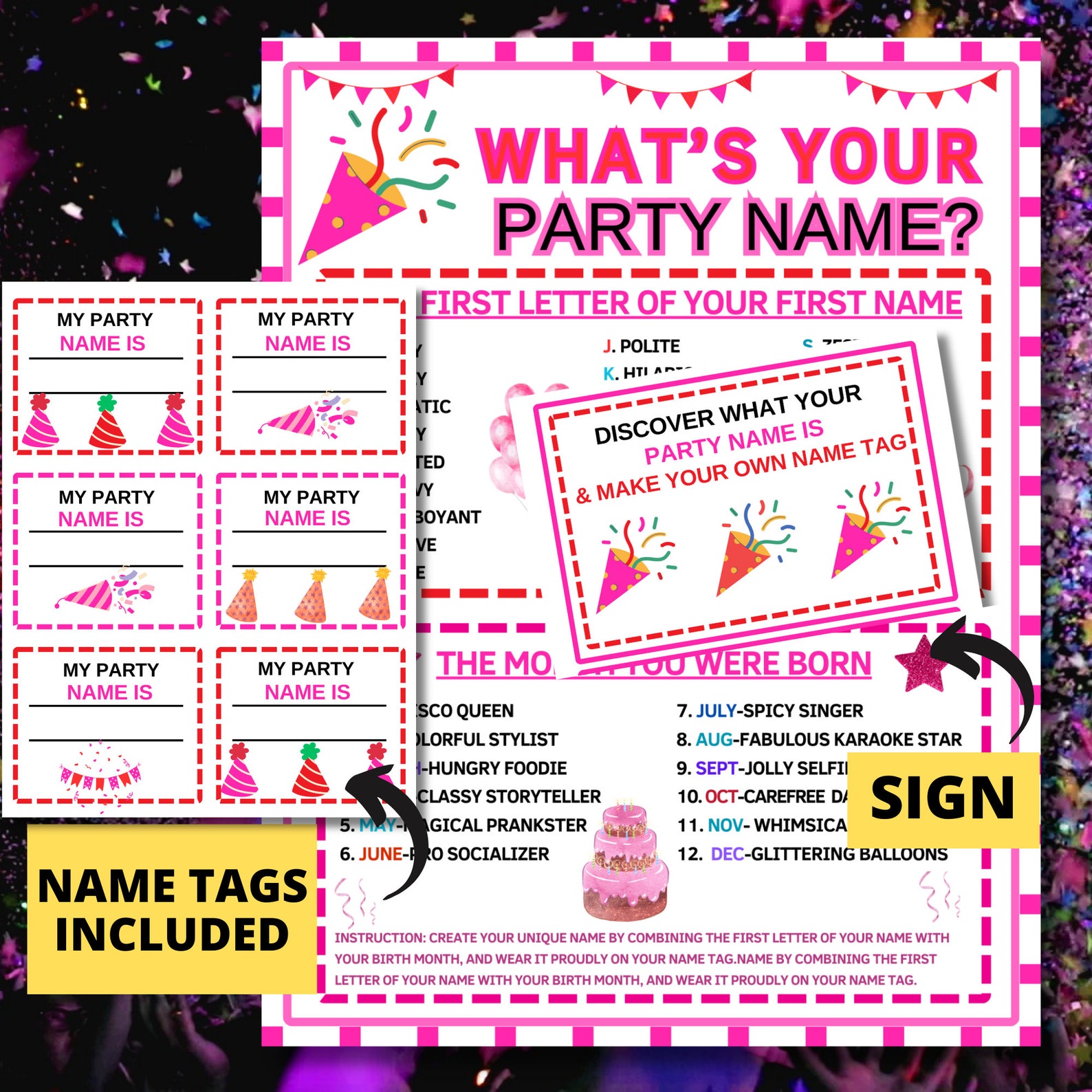 What's Your Party Name Game With Name Tags & Sign| Pink Girl Birthday ...