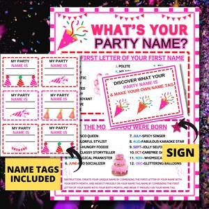 What's Your Party Name Game With Name Tags & Sign| Pink Girl Birthday ...