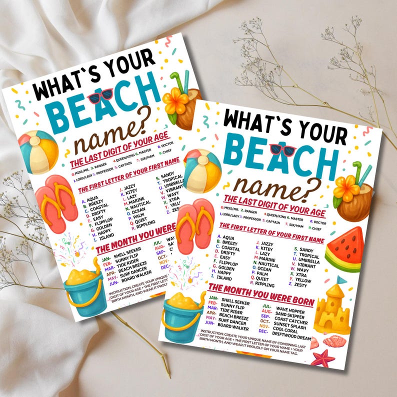 What's Your Beach Name Game With Nametags & Sign,birthday + Summer ...