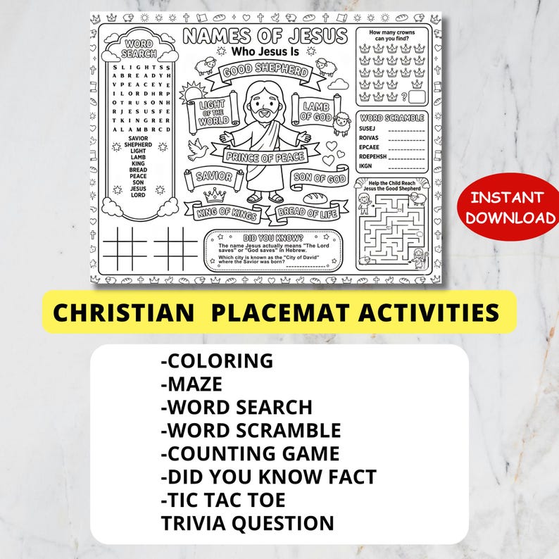 Names of Jesus Activity Placemat Craft,discover Who Jesus Is,bible ...