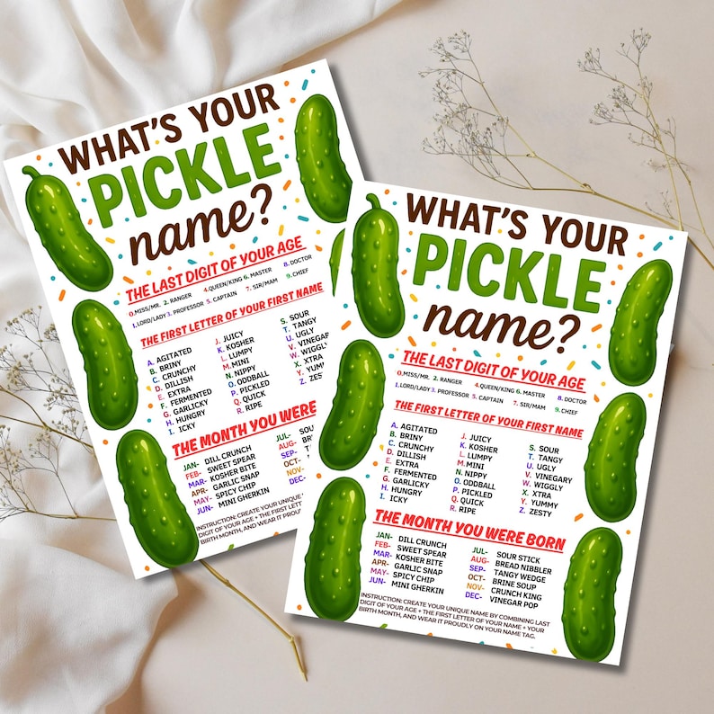 What's Your Pickle Name Game With Nametags & Sign,pickle Birthday Party ...