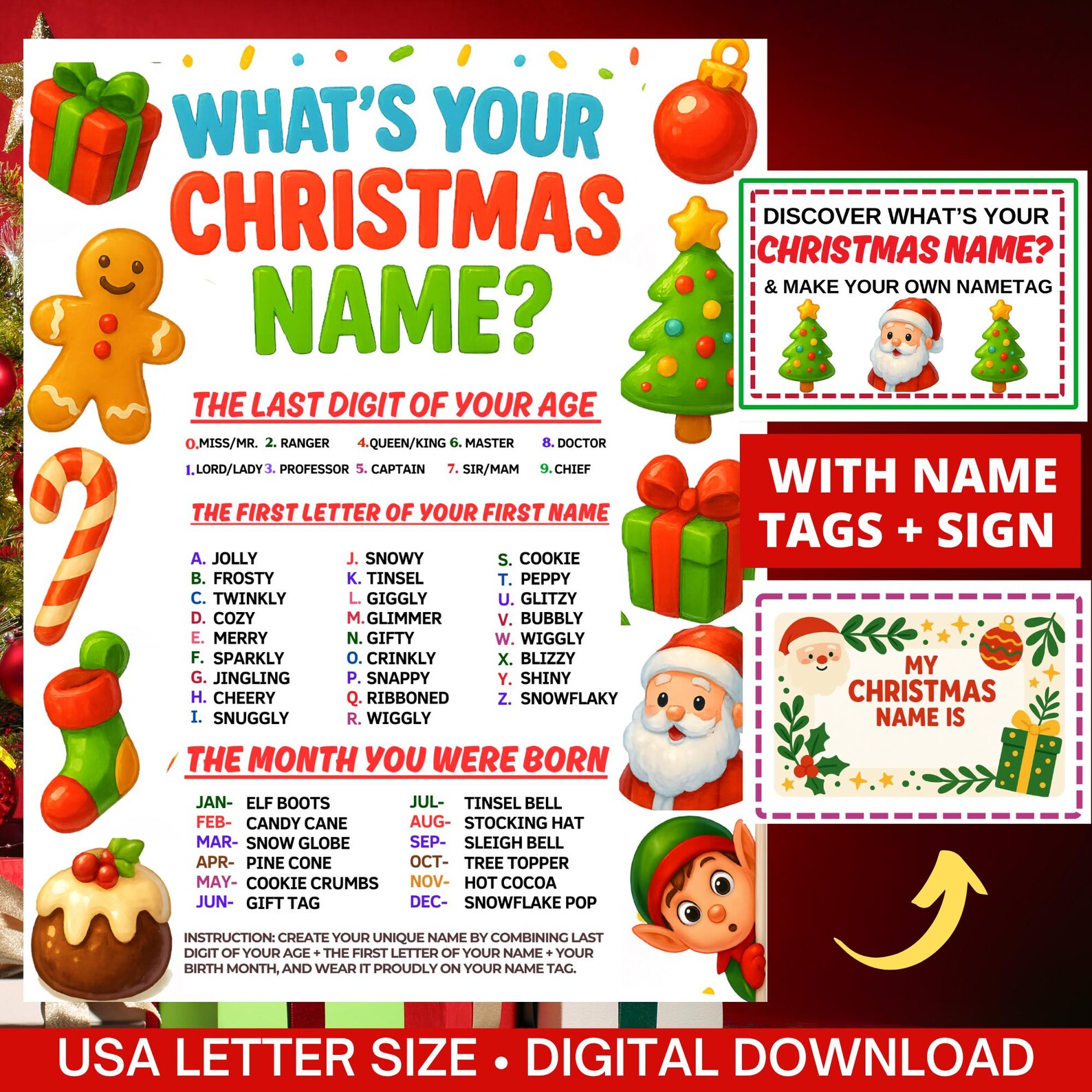 What's Your Christmas Name Game With Name Tags & Sign,christmas Party ...
