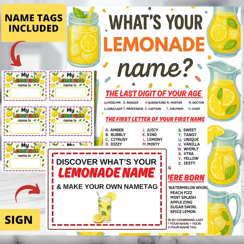What's Your Lemonade Name Game With Nametags & Sign,birthday Games ...