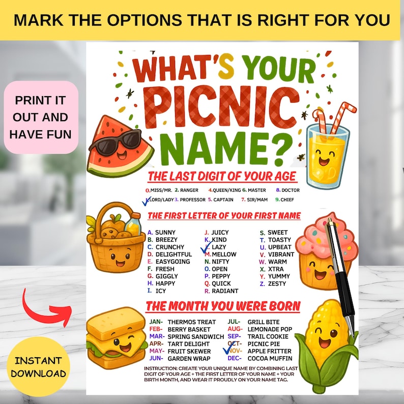 What's Your Picnic Name Game With Nametags & Sign,birthday Picnic Game ...