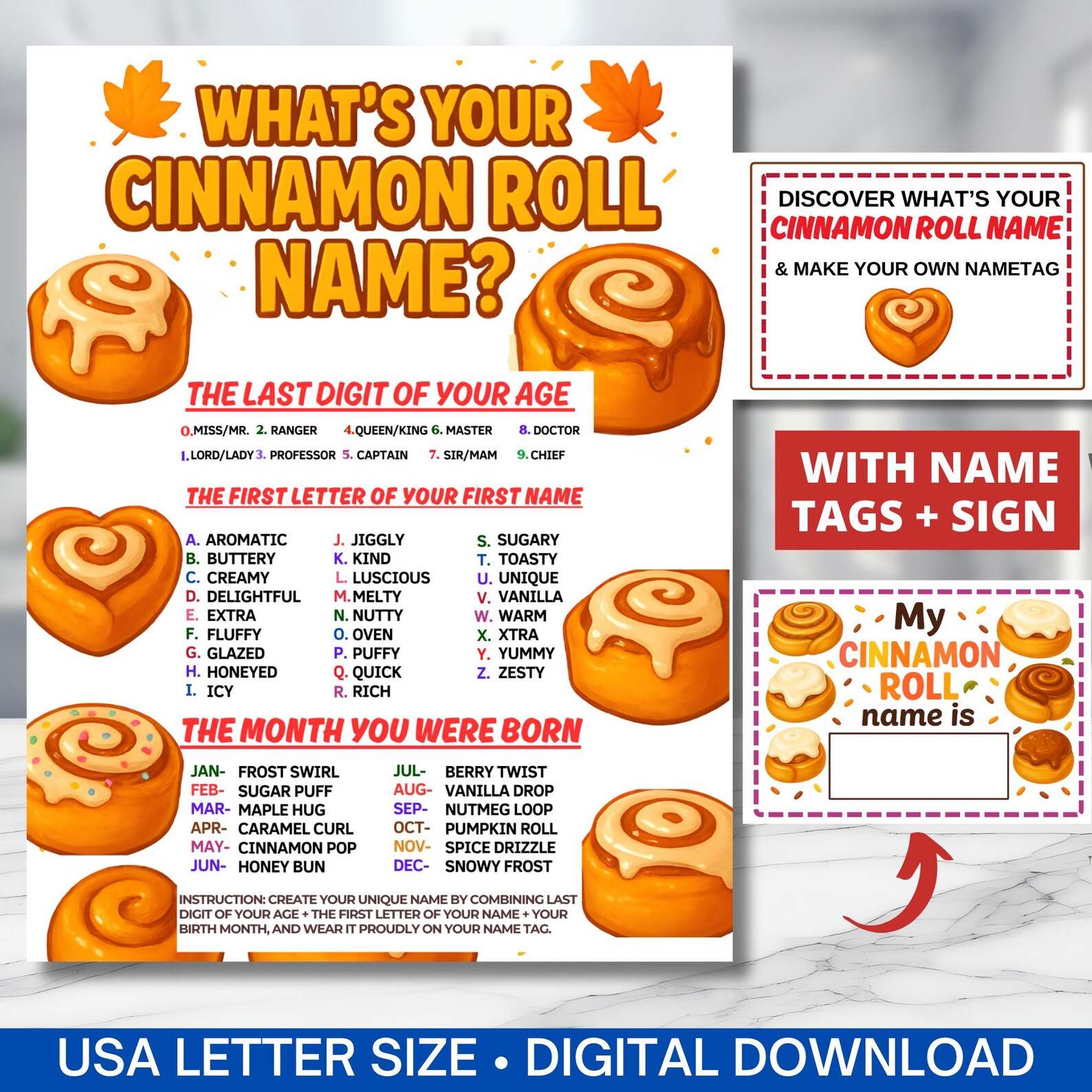 What's Your Cinnamon Roll Name Game With Nametags & Sign,fall Birthday ...