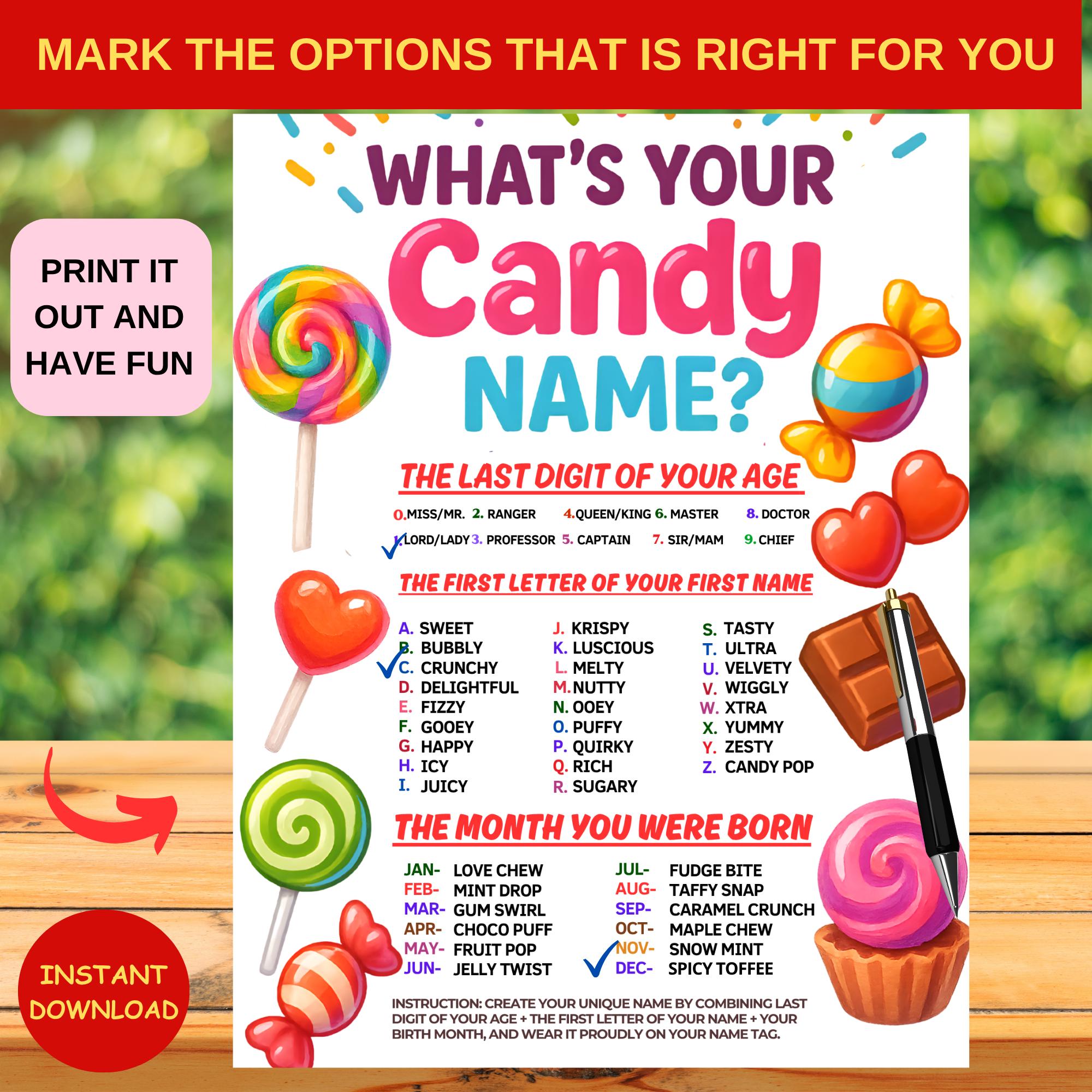 What's Your Candy Name Game With Nametags & Sign,birthday Party Game ...