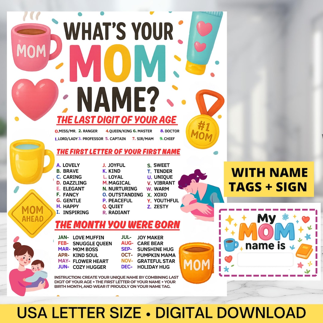 What's Your Mom Name Game With Nametags & Sign,mother's Day Party Game ...
