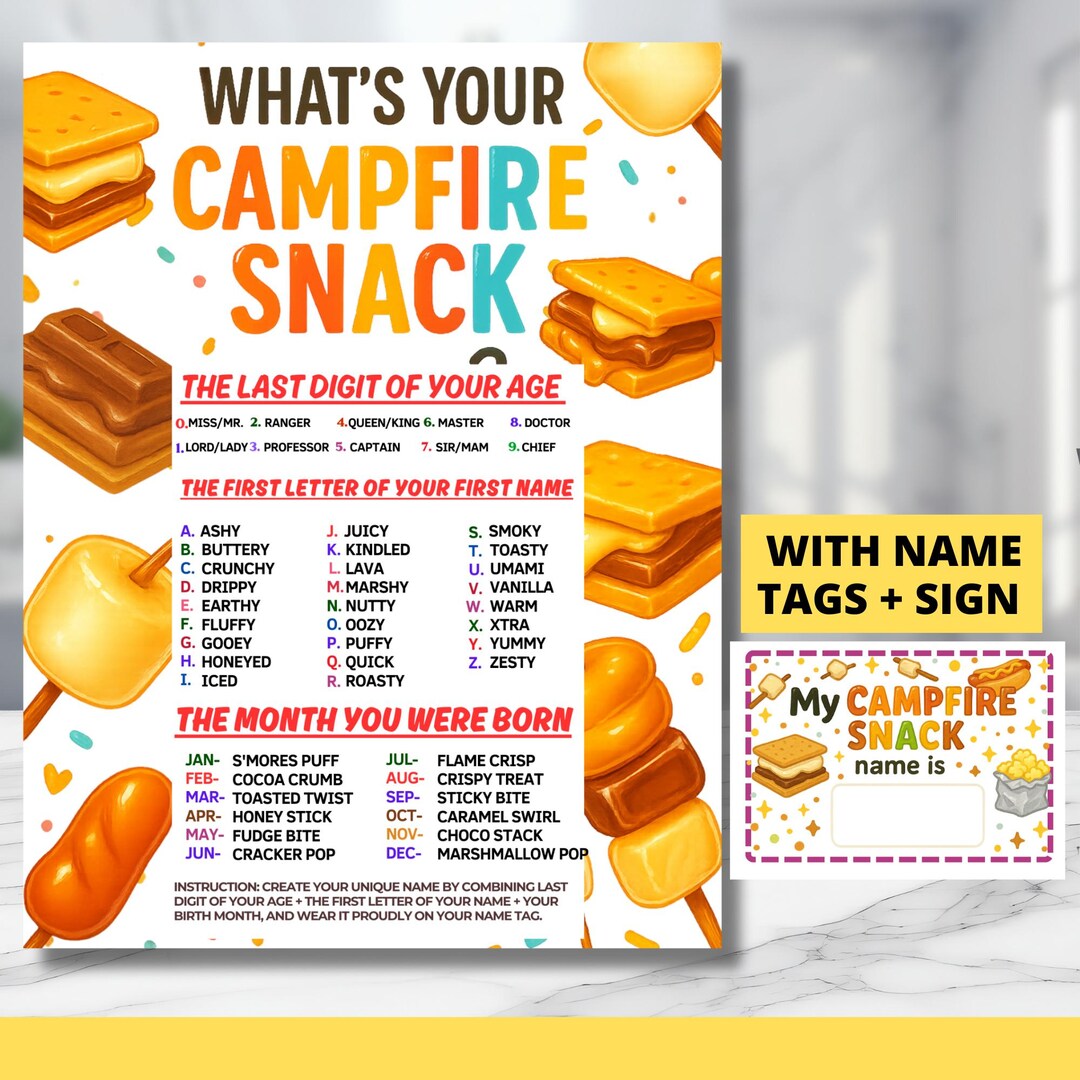 What's Your Campfire Snack Name Game With Nametags & Sign,camping Fun ...