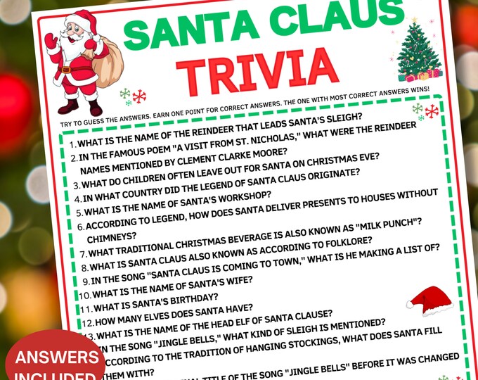Santa Claus Trivia Party Game| Christmas Party Trivia Printable Game ...