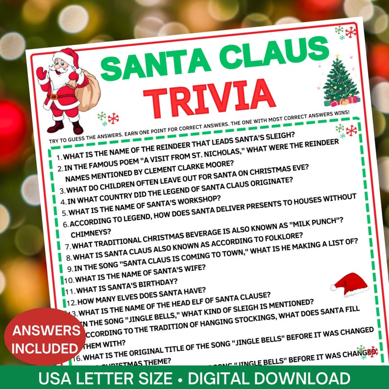 Santa Claus Trivia Party Game| Christmas Party Trivia Printable Game ...