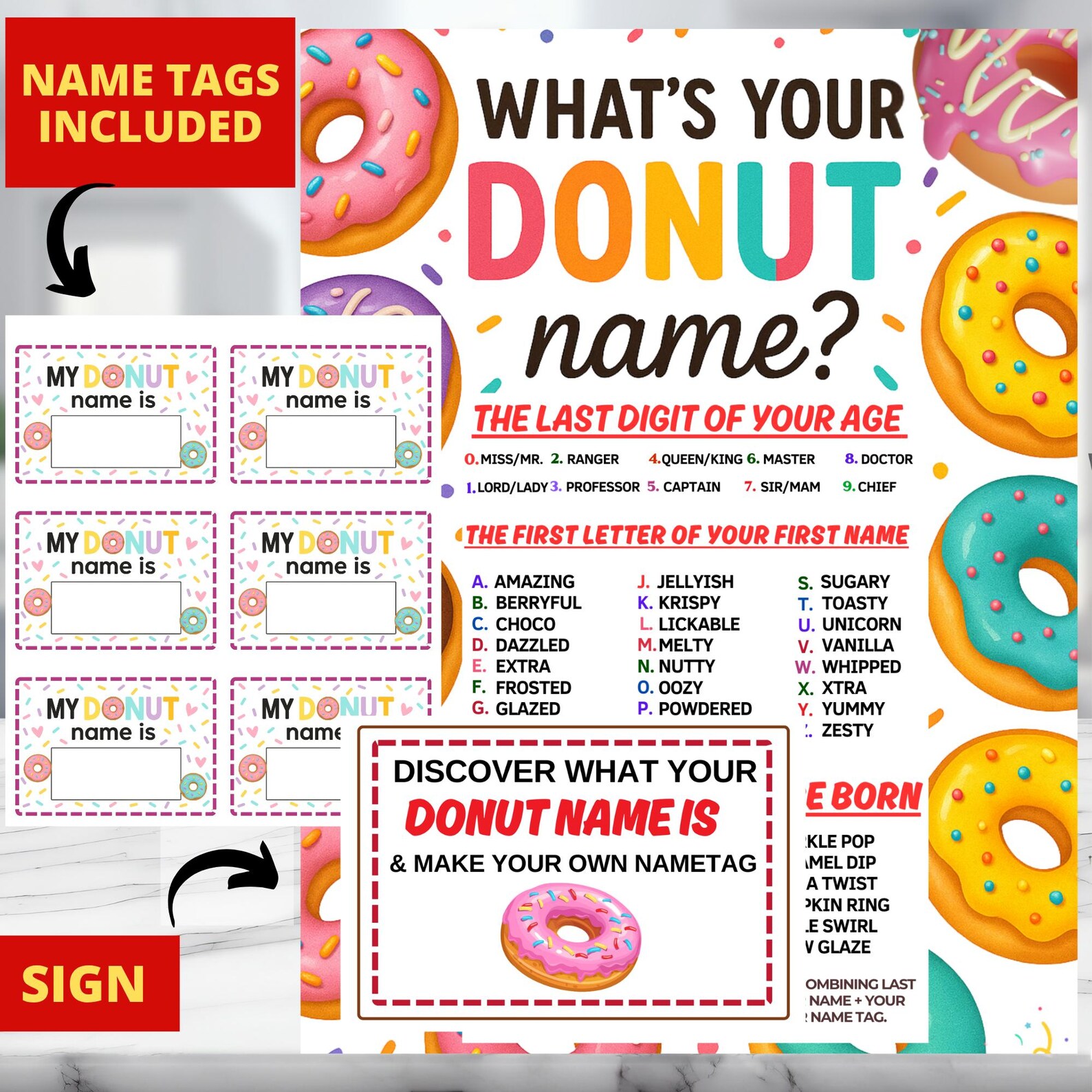 What's Your Donut Name Game With Nametags & Sign,fun Birthday Party ...