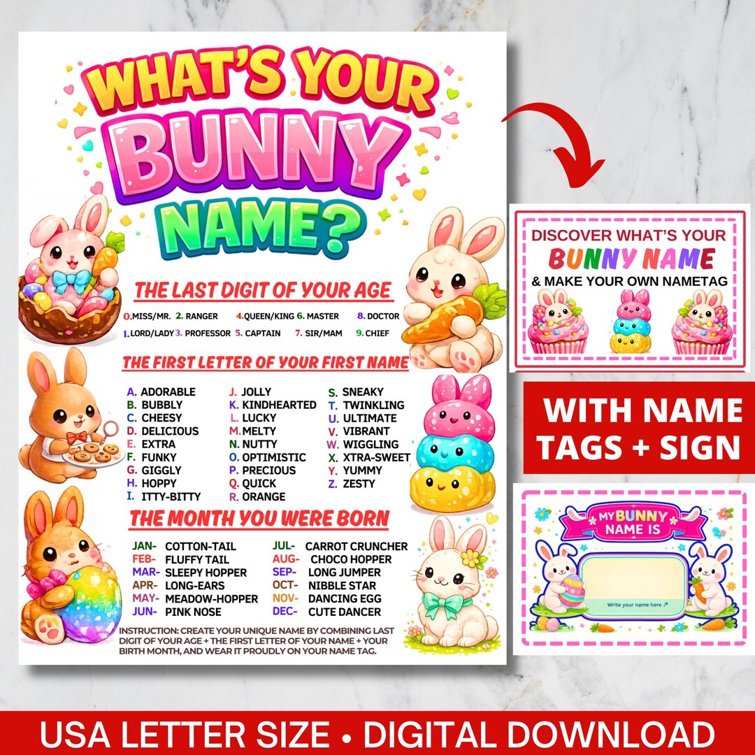 What’s Your Bunny Name Game With Nametags & Sign,easter Egg Hunt Game ...