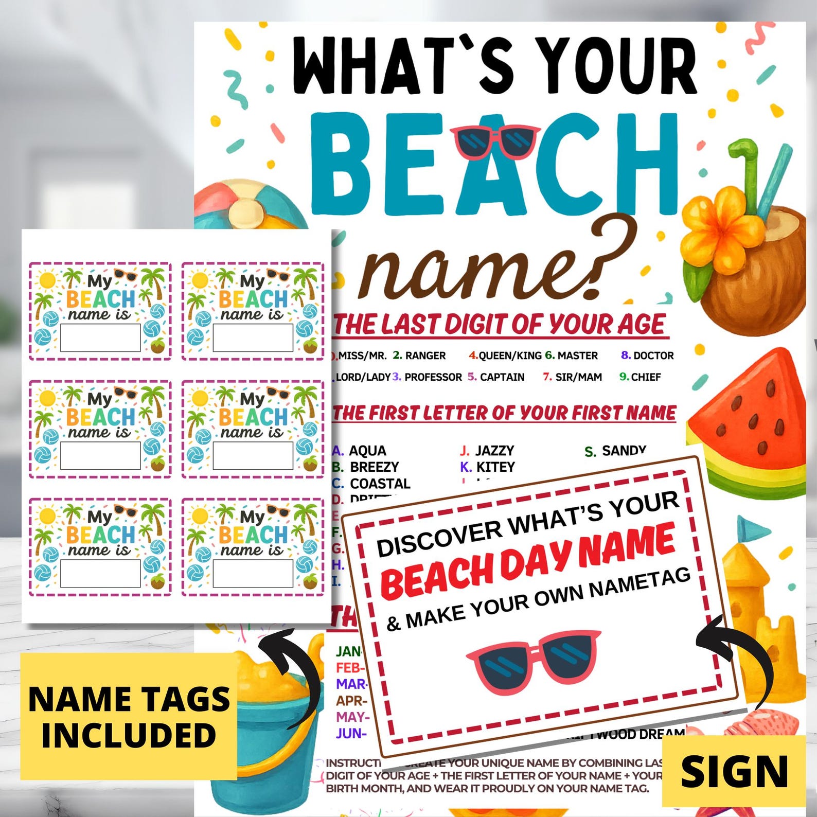 What's Your Beach Name Game With Nametags & Sign,birthday + Summer ...