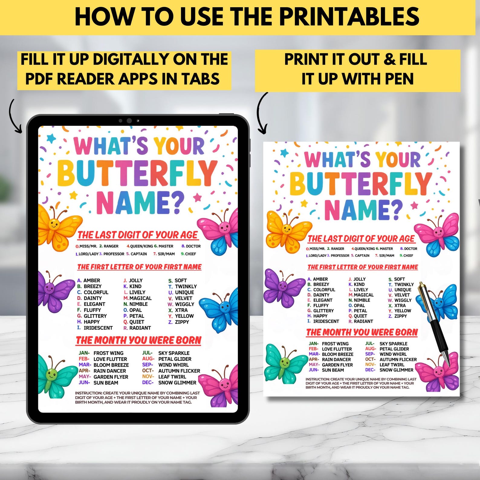 What's Your Butterfly Name Game With Nametags & Sign,birthday Party ...