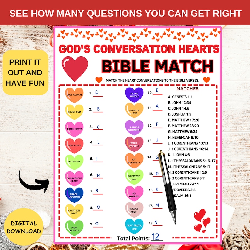 God's Conversation Hearts Bible Match Game|valentine's Day Bible Party ...