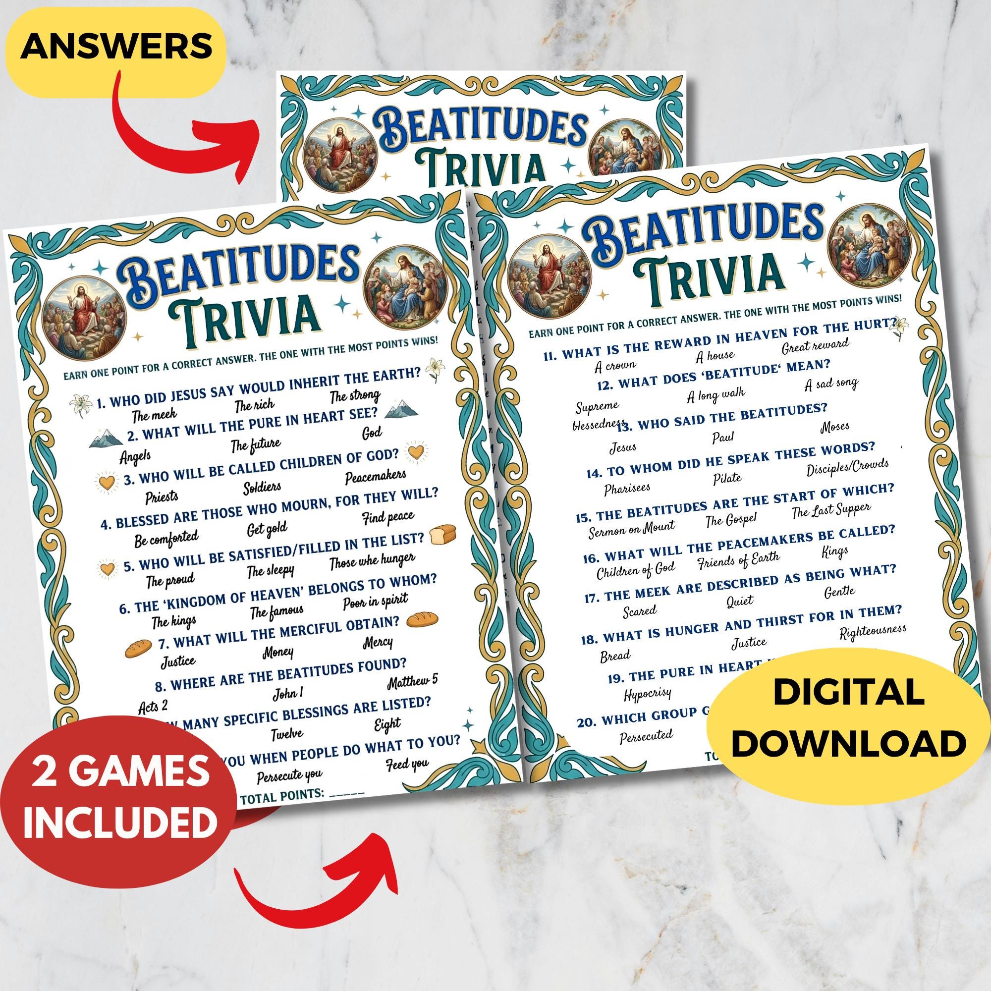 The Beatitudes Trivia Game Printable,biblical History Quiz,new ...