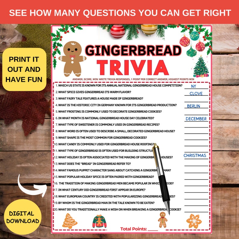 Gingerbread Trivia Game|christmas Food Printable Quiz Party Game ...