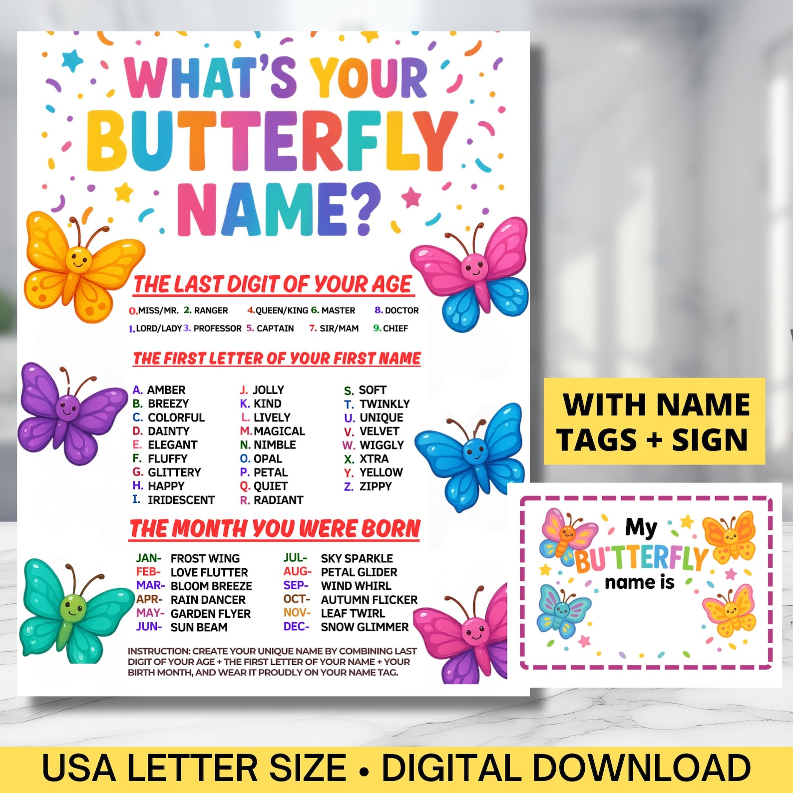 What's Your Butterfly Name Game With Nametags & Sign,birthday Party ...