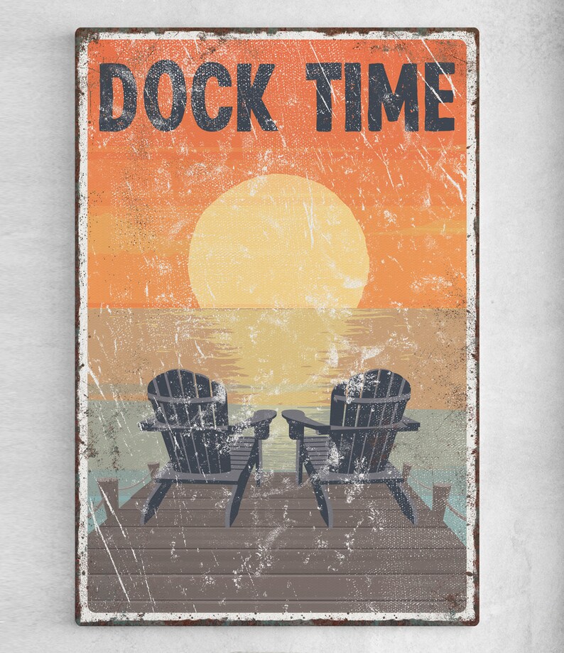 DOCK TIME Sign, Adirondack Chairs on the Dock, Vintage Beach House ...