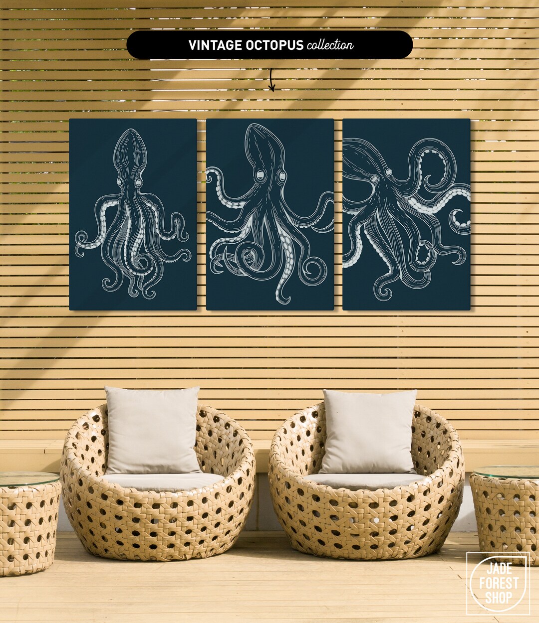Octopus Triptych, Large Octopus 3 Piece Set, Octopus Outdoor Wall Art ...