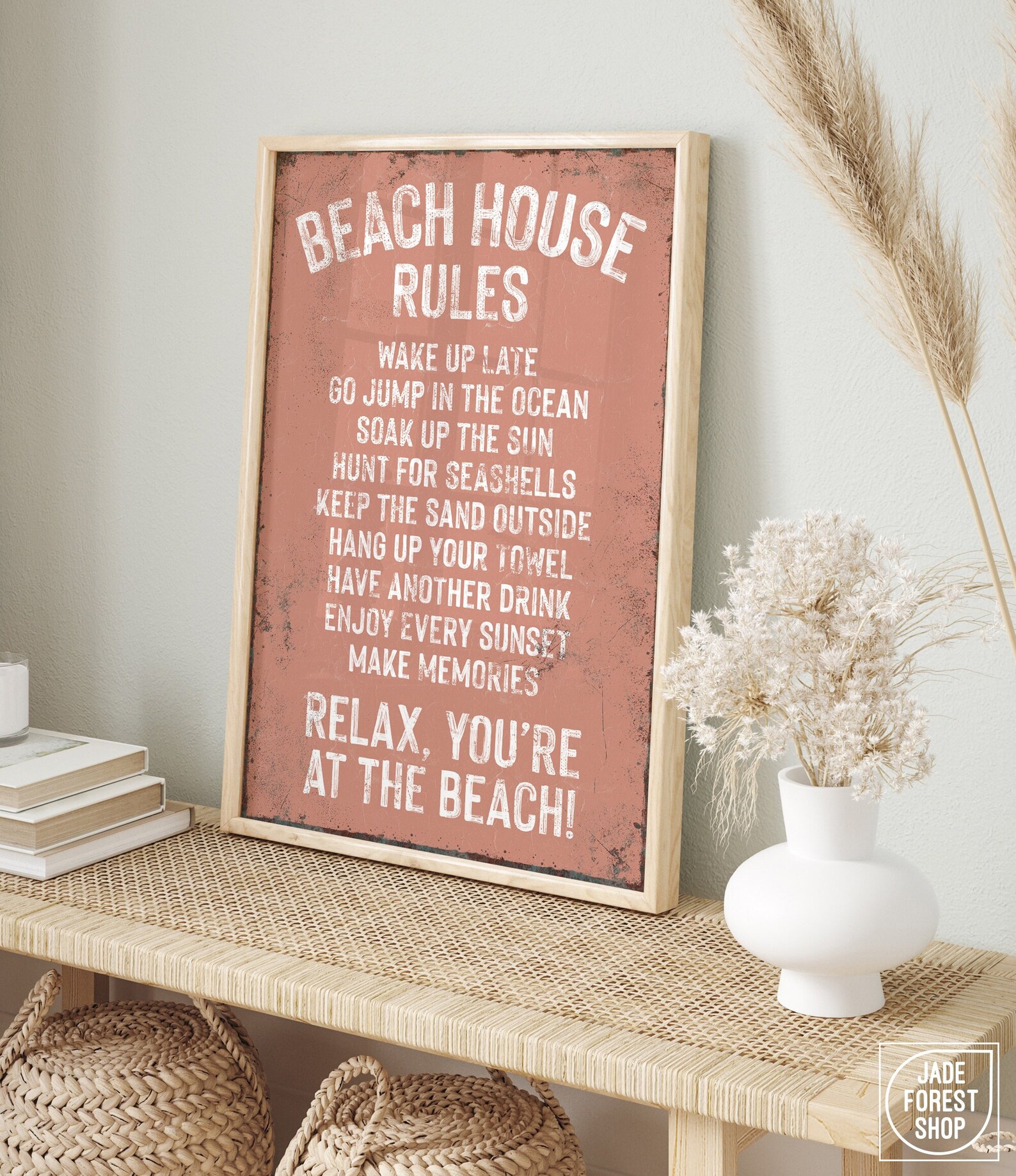 Vintage BEACH HOUSE RULES Sign, Coral Pink Sign Art Print, Retro Beach ...
