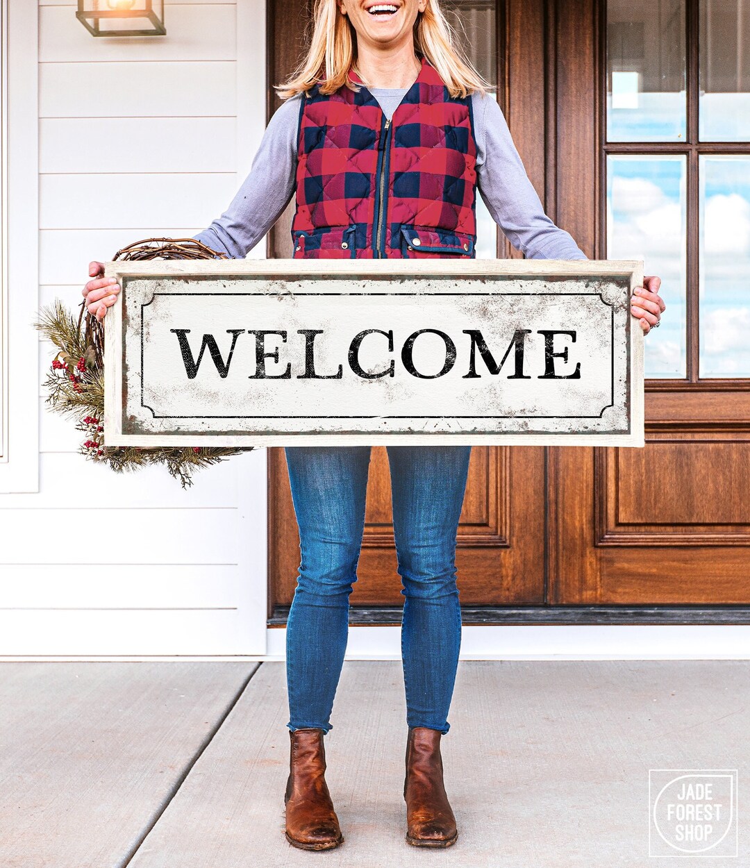 Vintage WELCOME SIGN on Antique White, Distressed Black and White ...