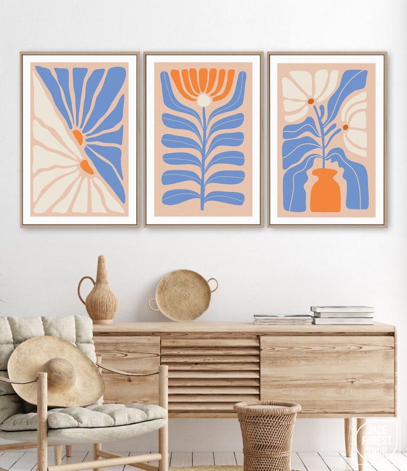 Triptych Wall Art, Abstract Wall Art, 3 Piece Framed Set, Flower Print Set, Modern Home Decor ...