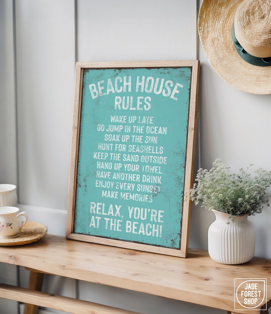 Vintage "beach HOUSE Rules" Sign, Aqua Blue Beach Print, Coastal Beach ...