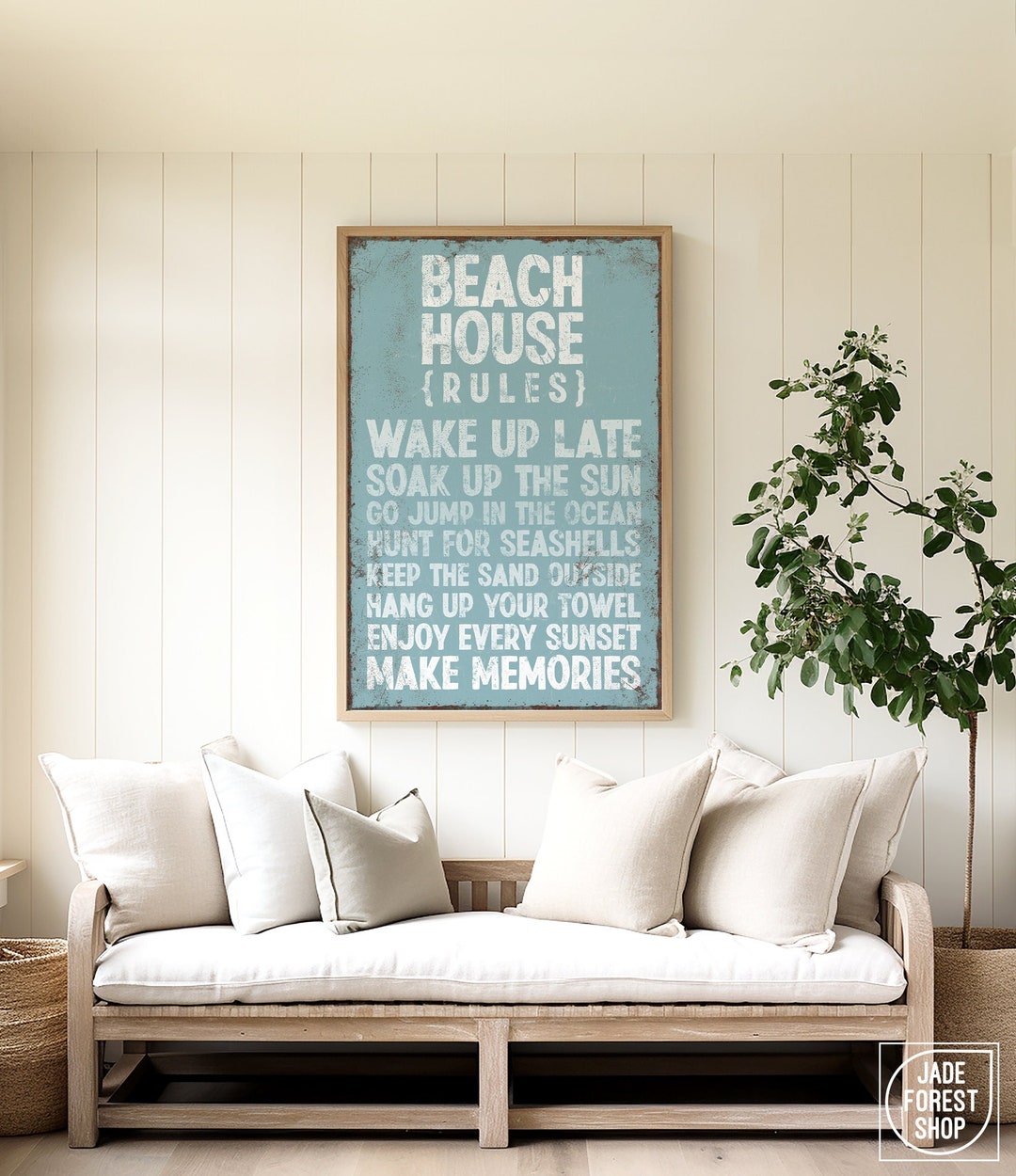 BEACH HOUSE RULES Sign in Tide Blue, Extra Large Beach Canvas Art Print ...