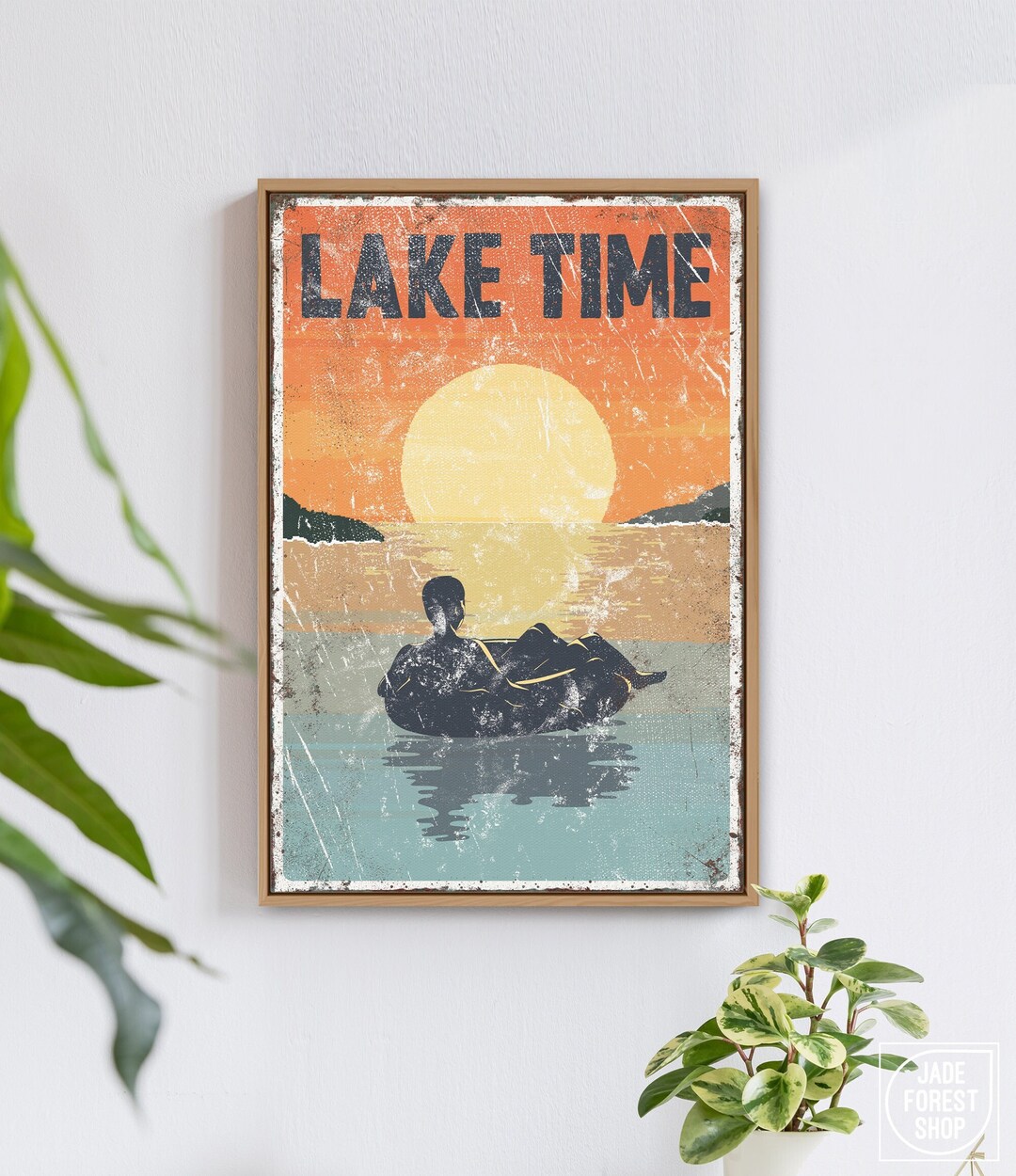 Vintage LAKE TIME Sign With Person on a Tube, Sunset on the Lake Poster ...