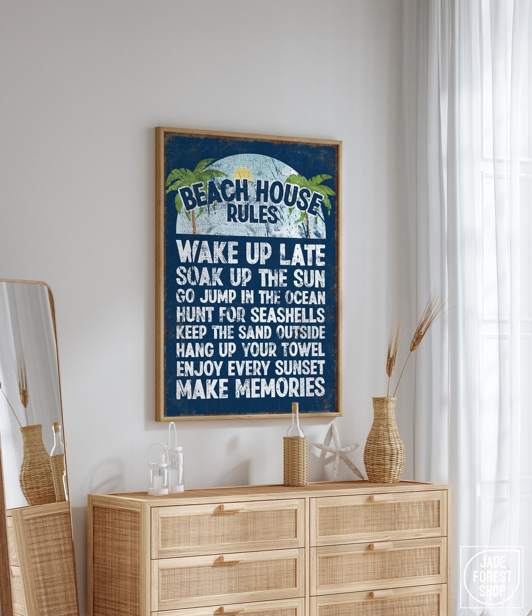 Vintage BEACH HOUSE RULES Poster With Palm Trees, Nautical Beach House ...