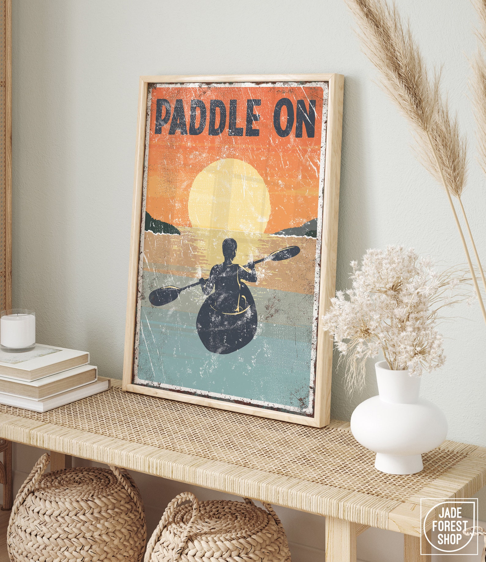 Vintage PADDLE ON Sign, Sunset Accent, KAYAK Poster for Vintage Lake ...