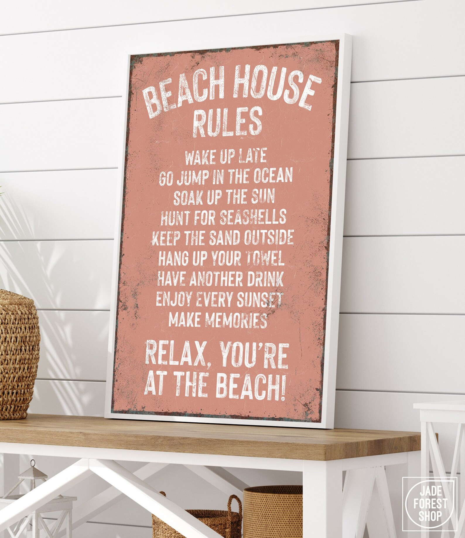 Vintage BEACH HOUSE RULES Sign, Coral Pink Sign Art Print, Retro Beach ...