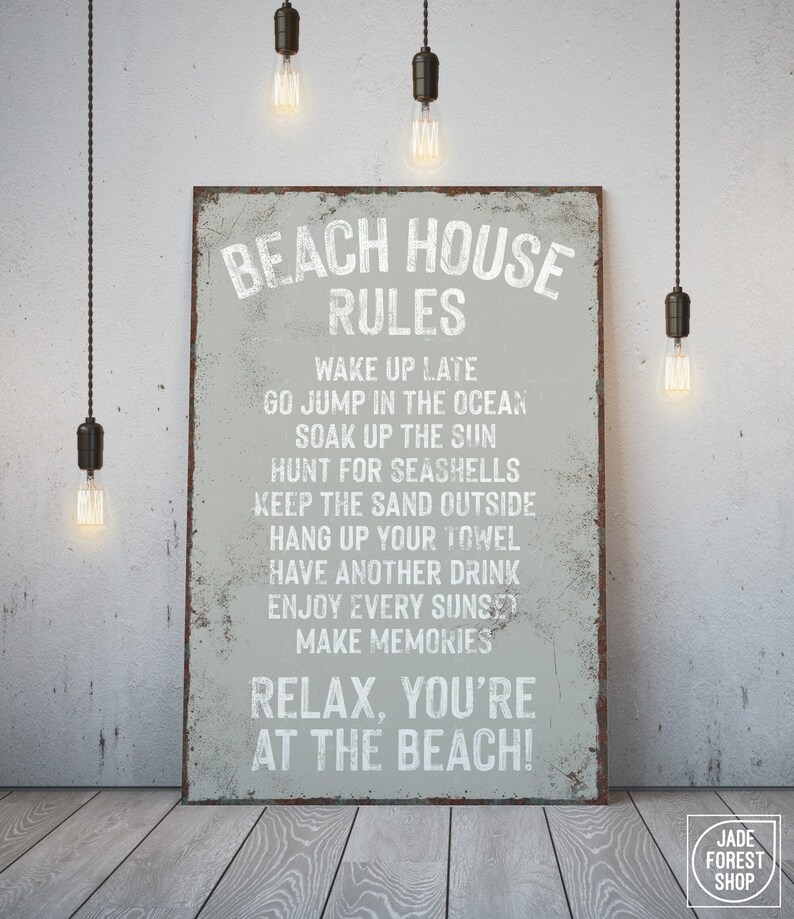 Retro BEACH HOUSE RULES Sign, Stone Gray Sign Art Print, Rustic ...