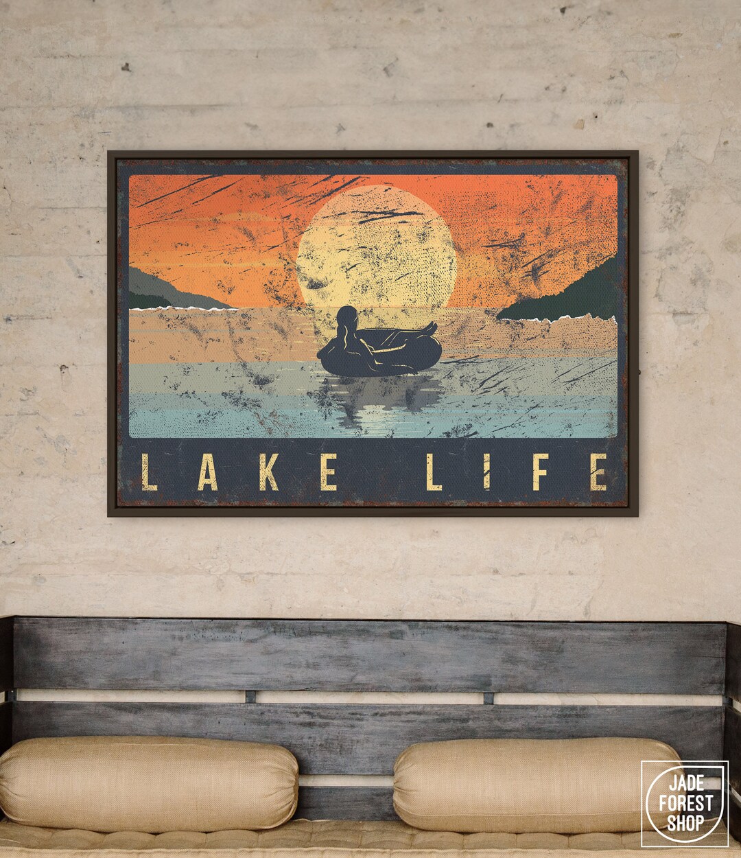 Retro LAKE LIFE Sign, Woman Floating on Tube at Sunset, Canvas Prints ...