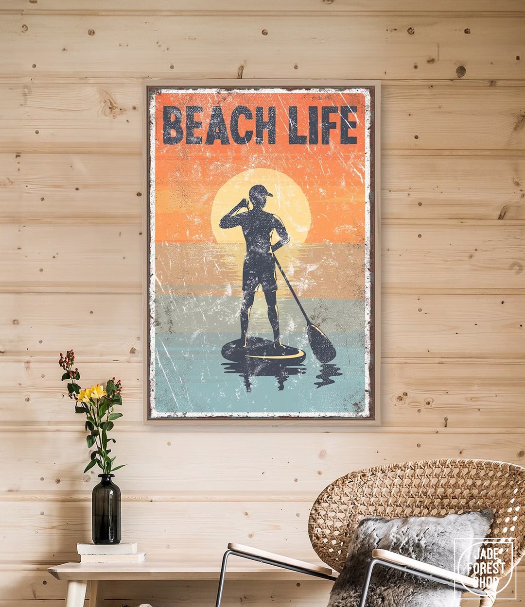 Vintage BEACH LIFE Paddle Board Poster, Retro Paddleboard Sunset Sign ...