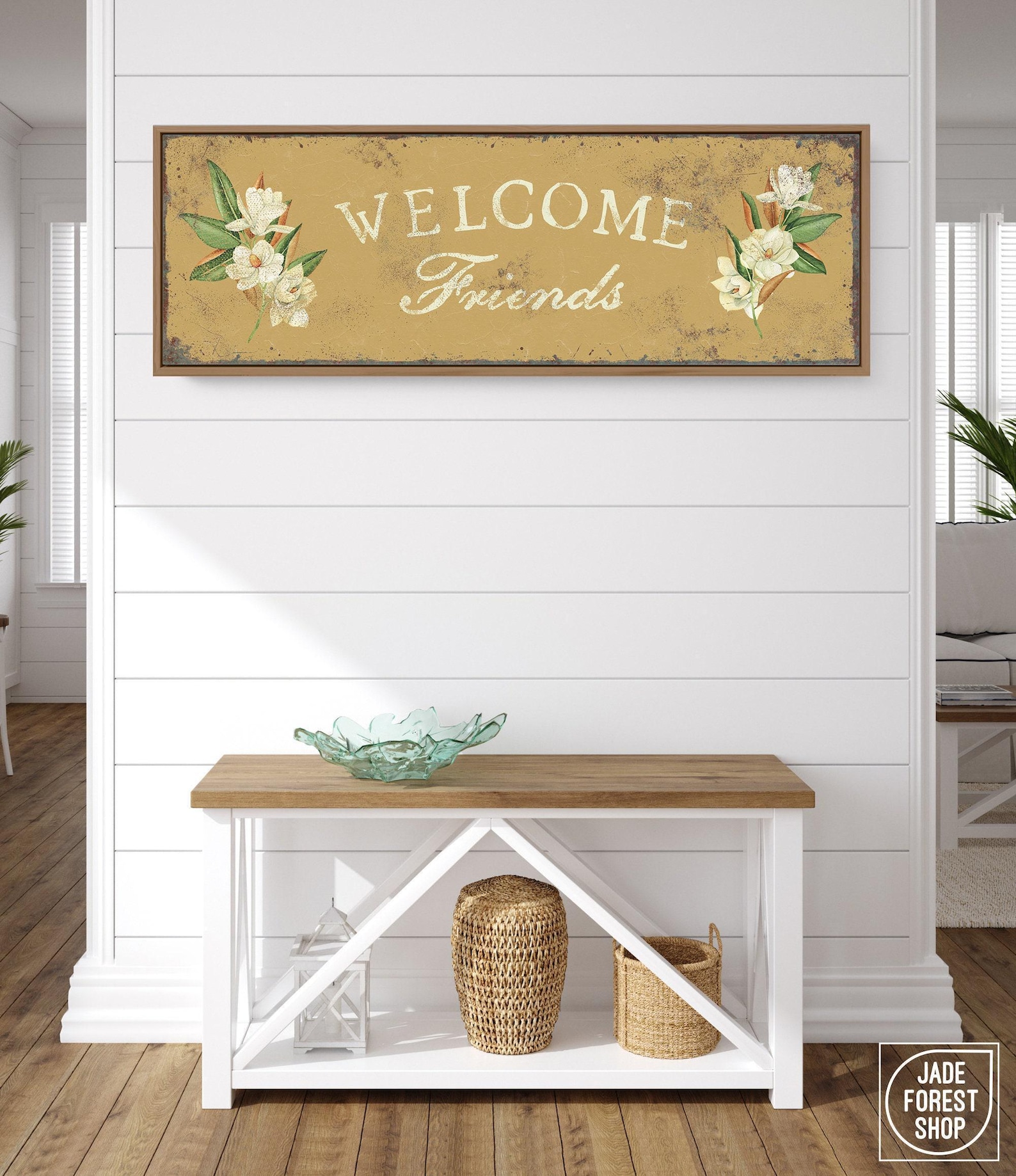 Vintage Saffron Yellow Magnolia Welcome Canvas • Modern Mustard WELCOME ...
