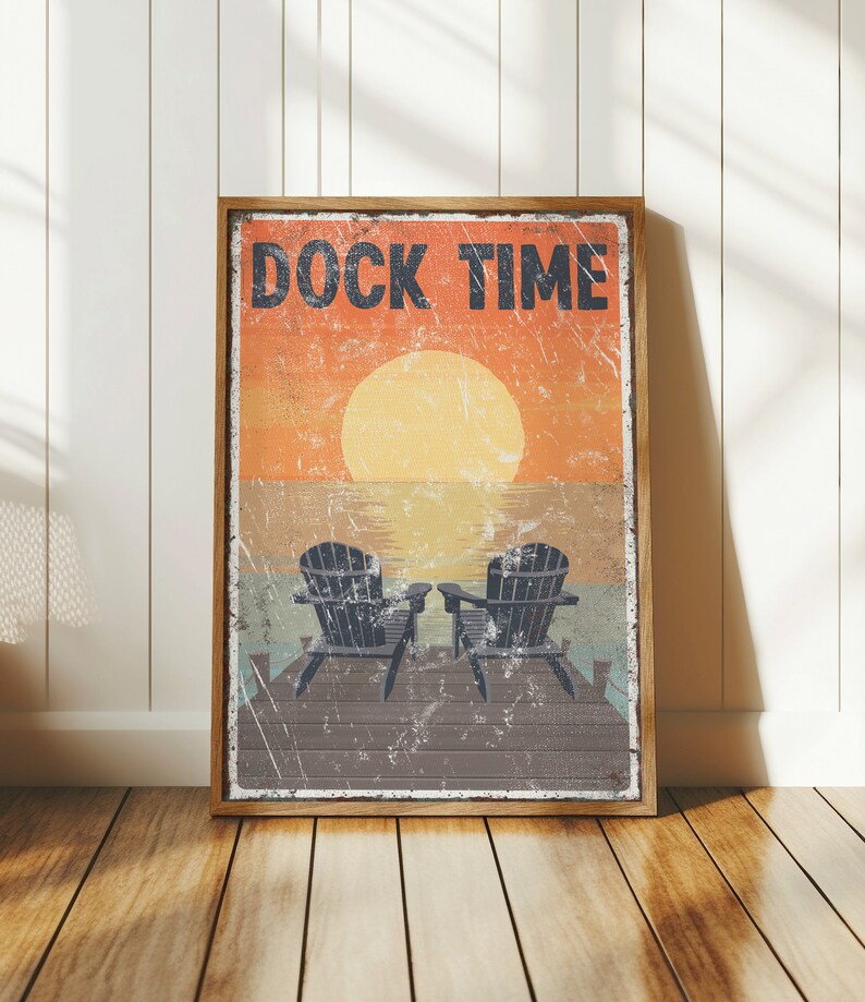 DOCK TIME Sign, Adirondack Chairs on the Dock, Vintage Beach House ...