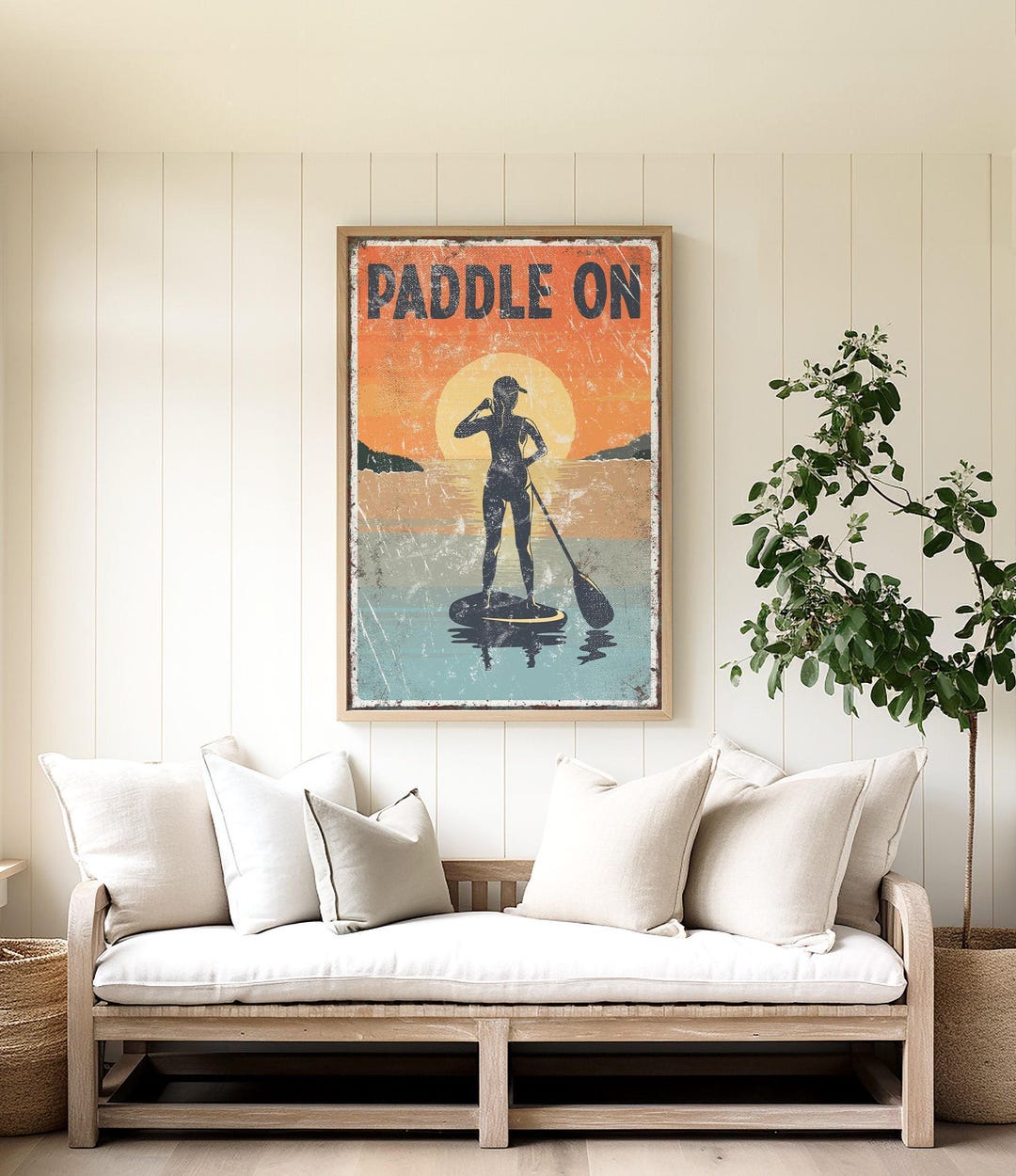 Vintage Paddleboard Lake Wall Art, Sunset Lake Decor for Waterfront ...
