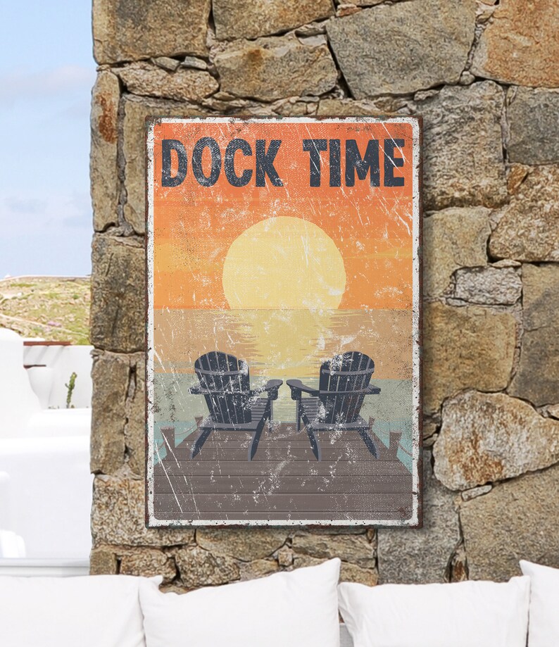 DOCK TIME Sign, Adirondack Chairs on the Dock, Vintage Beach House ...