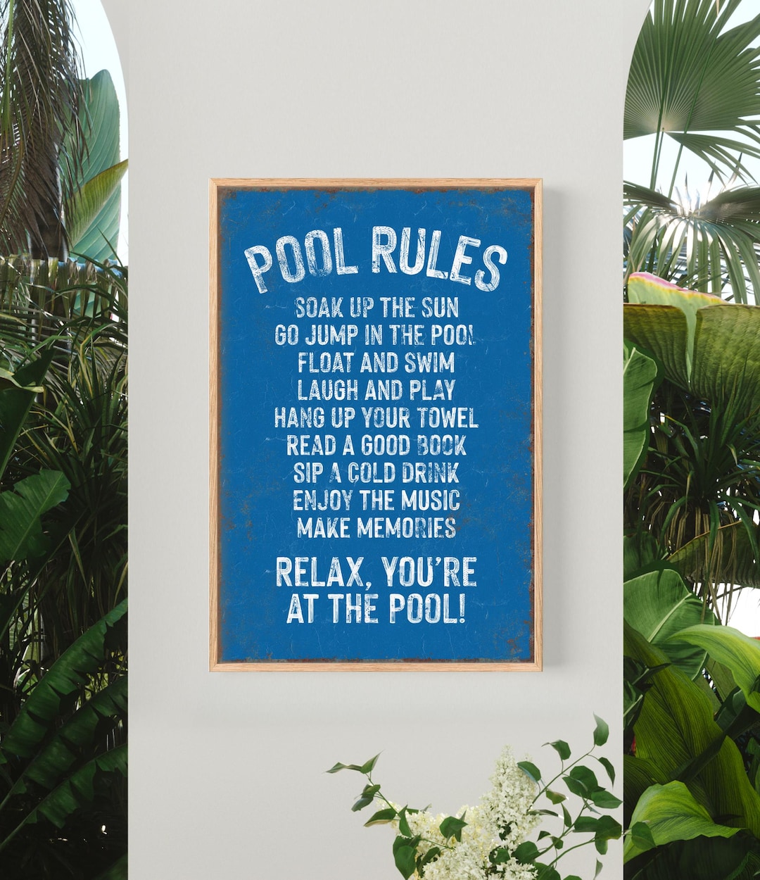 Ocean Vintage Pool Sign, Retro Pool Rules Decor, Blue White Wall Art ...