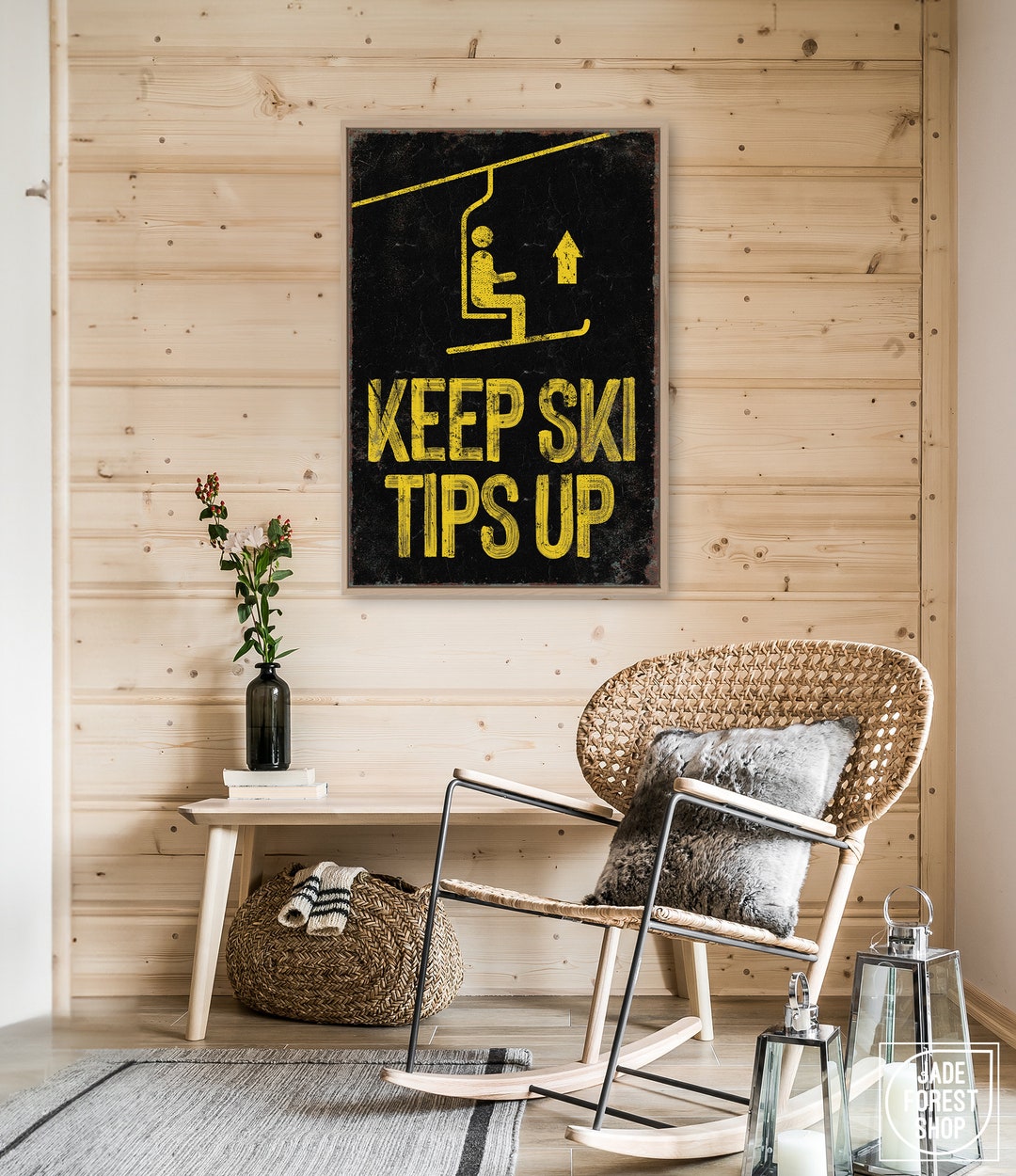 Large Retro "keep Ski Tips Up" Poster, Black and Yellow Ski Lift Sign ...